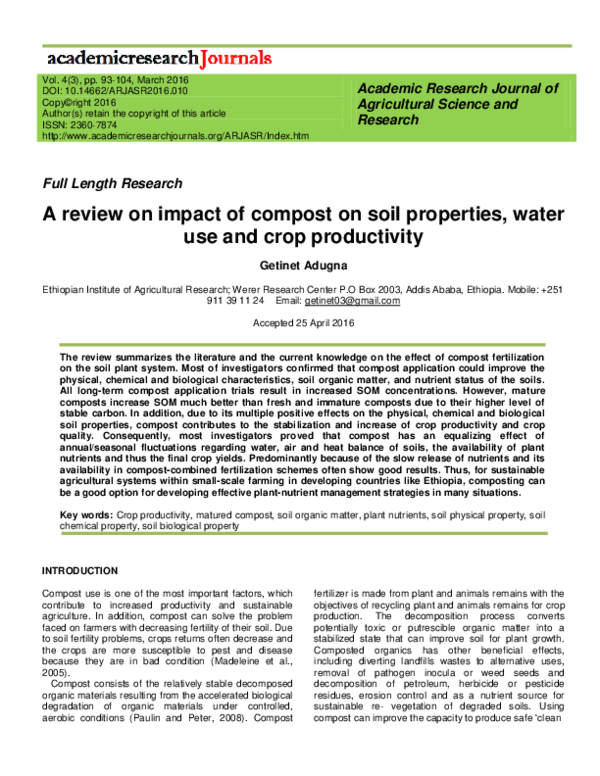(PDF) A review on impact of compost on soil properties, water use and ...