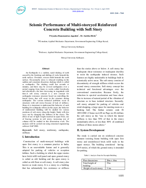 Pdf Seismic Performance Of Multi Storeyed Reinforced Concrete Building With Soft Story