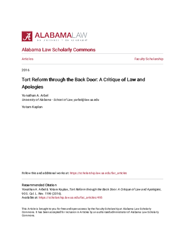 (PDF) Tort Reform through the Back Door: A Critique of Law and Apologies