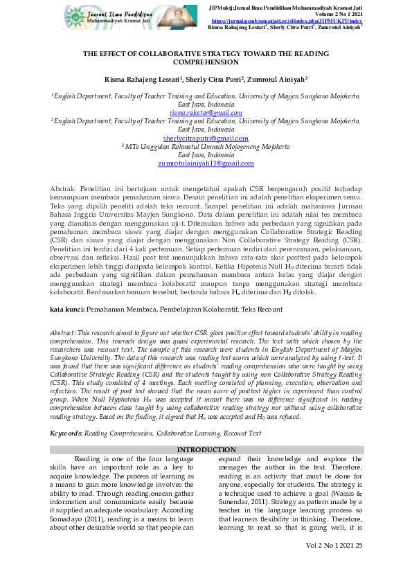 (PDF) The Effect of Collaborative Strategy Toward the Reading Comprehension
