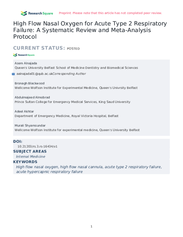 (PDF) High Flow Nasal Oxygen for Acute Type 2 Respiratory Failure: A ...