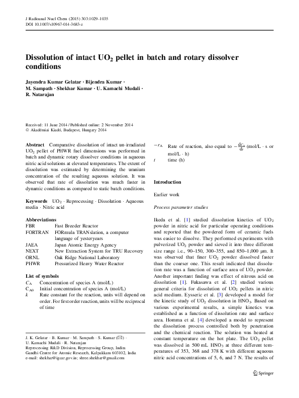 (PDF) Dissolution of intact UO2 pellet in batch and rotary dissolver ...