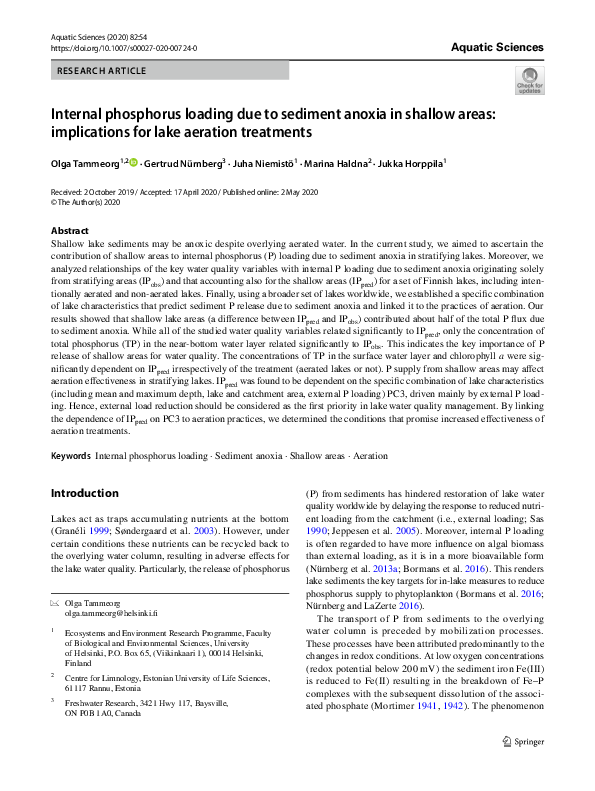 (PDF) Internal phosphorus loading due to sediment anoxia in shallow ...