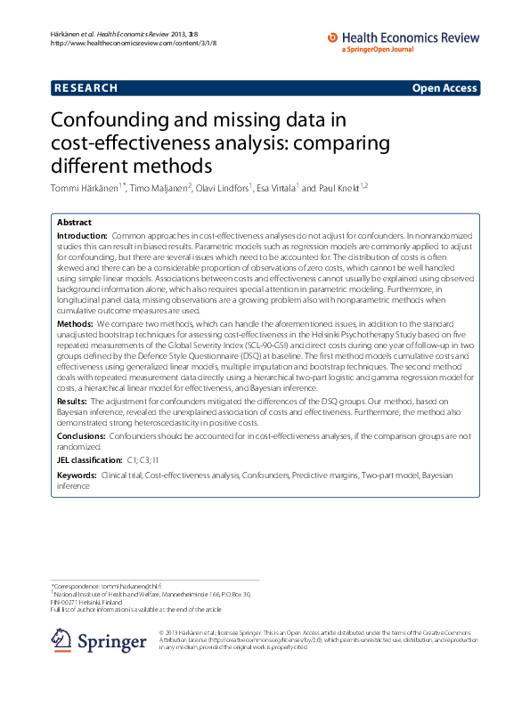 Pdf Confounding And Missing Data In Cost Effectiveness Analysis Comparing Different Methods