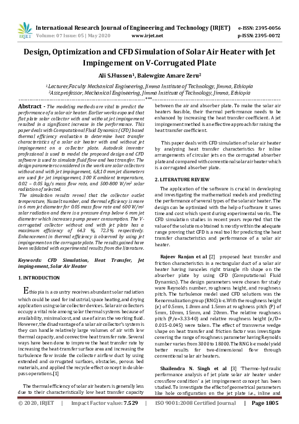 (PDF) Design, Optimization and CFD Simulation of Solar Air Heater with Jet Impingement on V ...