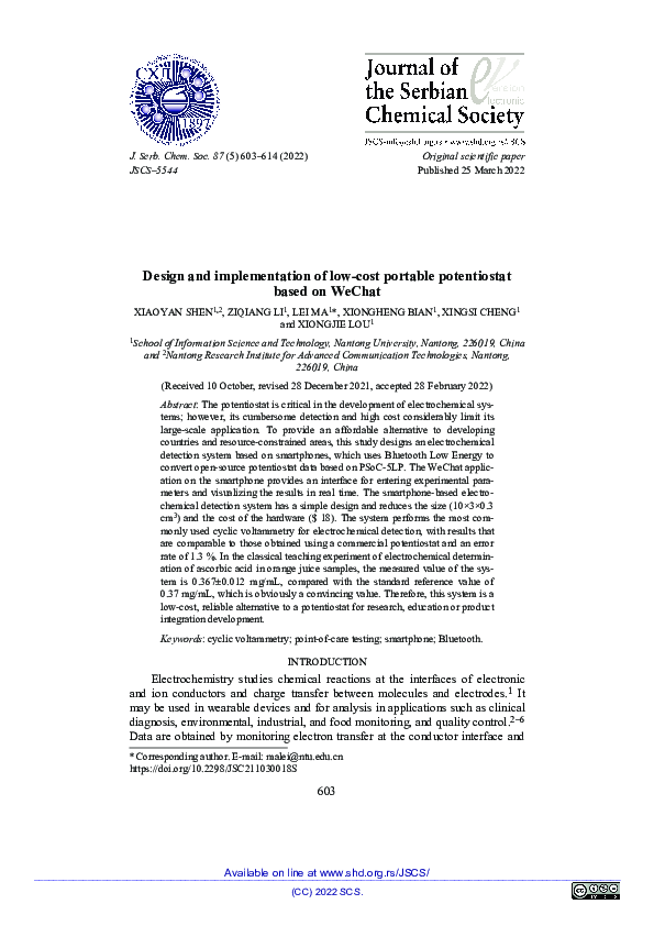 (PDF) Design and implementation of low-cost portable potentiostat based on WeChat
