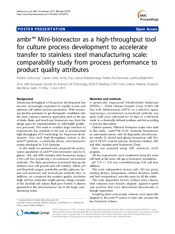(PDF) ambr™ Mini-bioreactor as a high-throughput tool for culture process development to ...