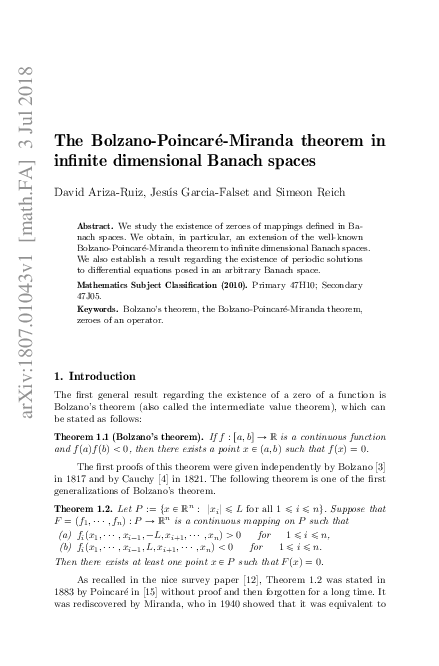 (PDF) The Bolzano–Poincaré–Miranda theorem in infinite-dimensional Banach spaces