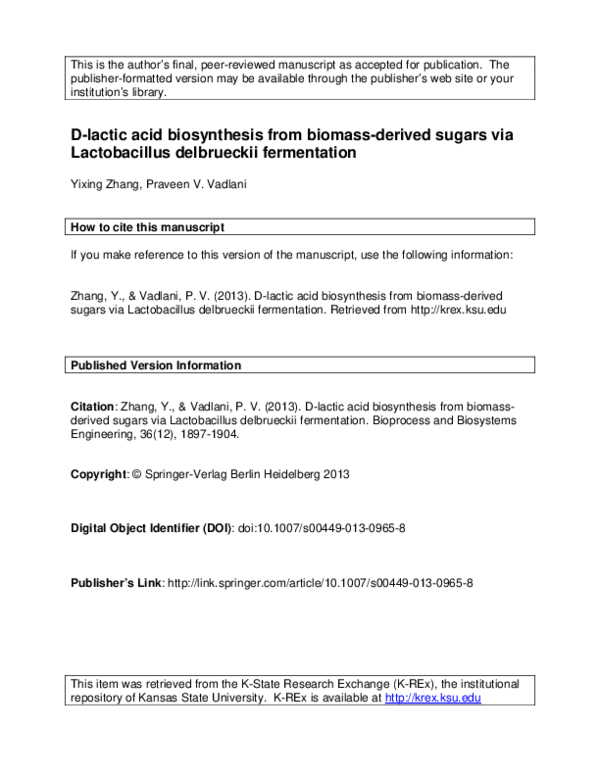 (PDF) d-Lactic acid biosynthesis from biomass-derived sugars via Lactobacillus delbrueckii ...