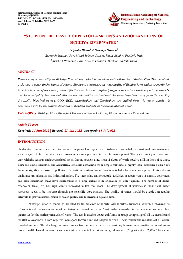 (PDF) "STUDY ON THE DENSITY OF PHYTOPLANKTON'S AND ZOOPLANKTONS' OF ...