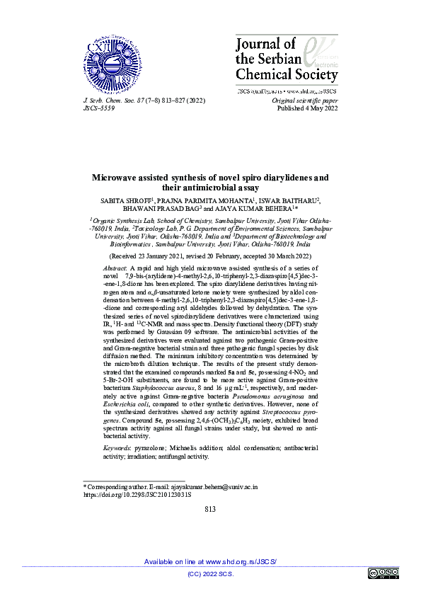 (PDF) Microwave assisted synthesis of novel spiro diarylidenes and their antimicrobial assay
