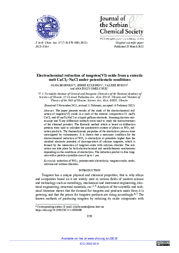 (PDF) Electrochemical reduction of tungsten(VI) oxide from a eutectic ...