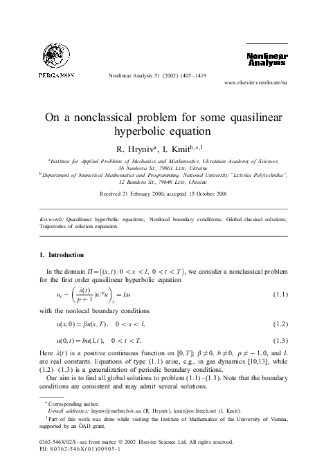 (PDF) On a nonclassical problem for some quasilinear hyperbolic equation