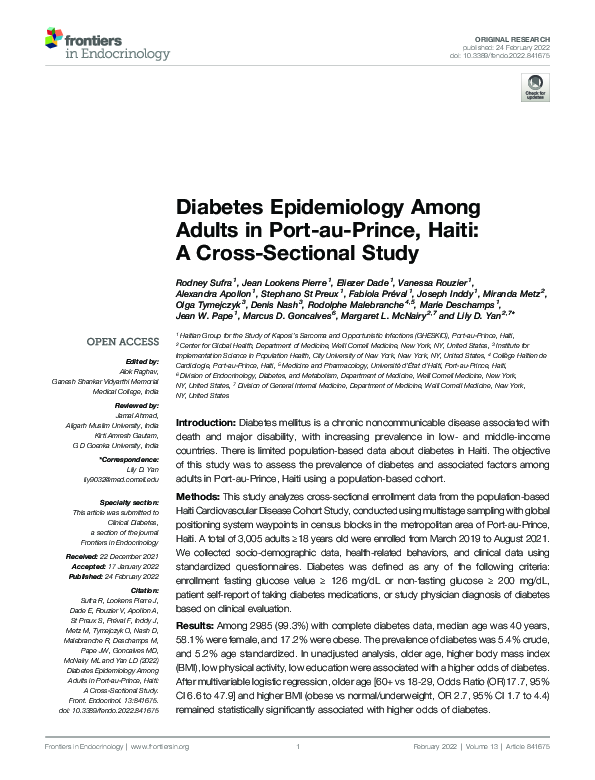 (PDF) Diabetes Epidemiology Among Adults in Port-au-Prince, Haiti: A ...