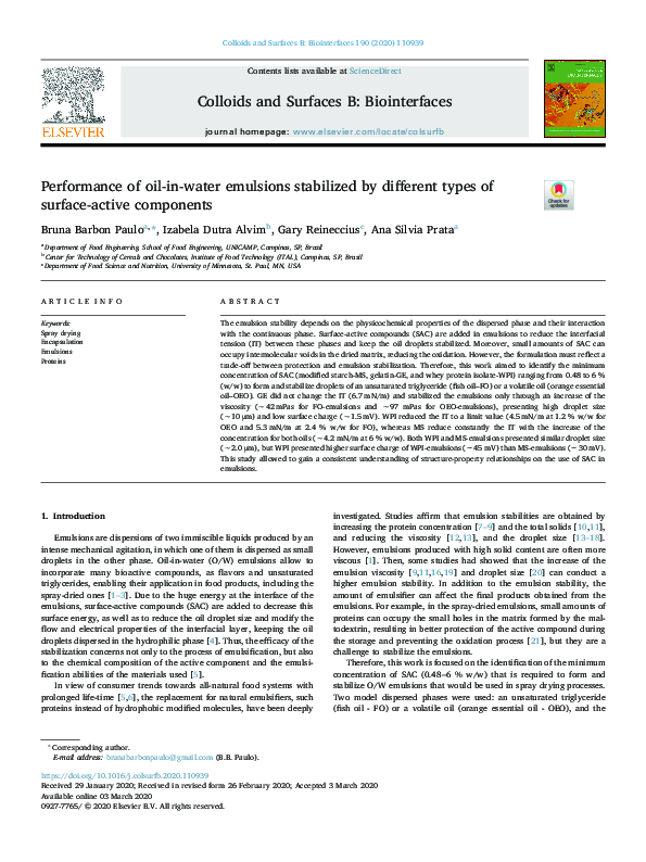 (PDF) Performance of oil-in-water emulsions stabilized by different ...