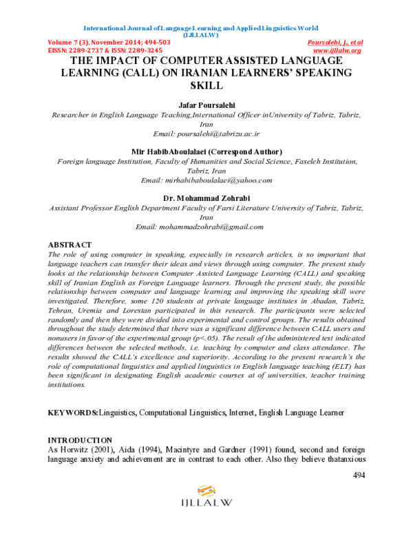 (PDF) THE IMPACT OF COMPUTER ASSISTED LANGUAGE LEARNING (CALL) ON IRANIAN LEARNERS' SPEAKING SKILL