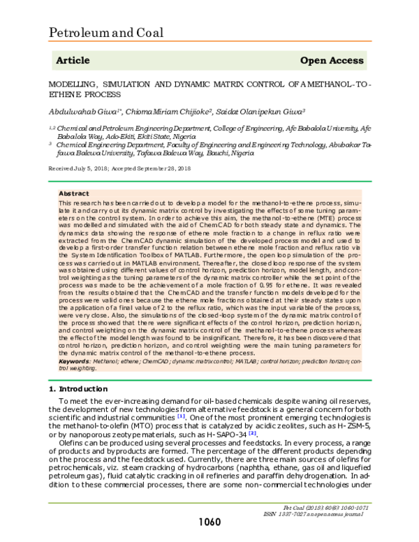 (PDF) Modelling , Simulation and Dynamic Matrix Control of a Methanol-To-Ethene Process | Chioma ...