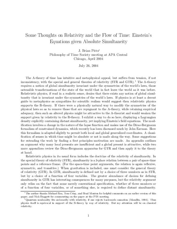 (PDF) Some Thoughts on Relativity and the Flow of Time: Einstein's ...
