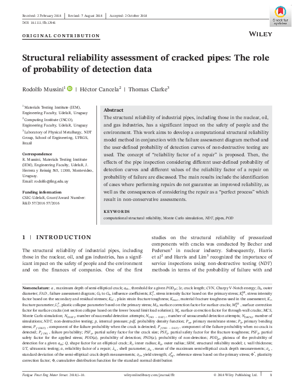 Pdf Structural Reliability Assessment Of Cracked Pipes The Role Of