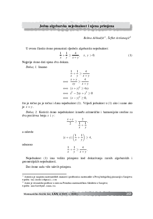 (PDF) Jedna algebarska nejednakost i njena primjena | Sefket Arslanagic ...