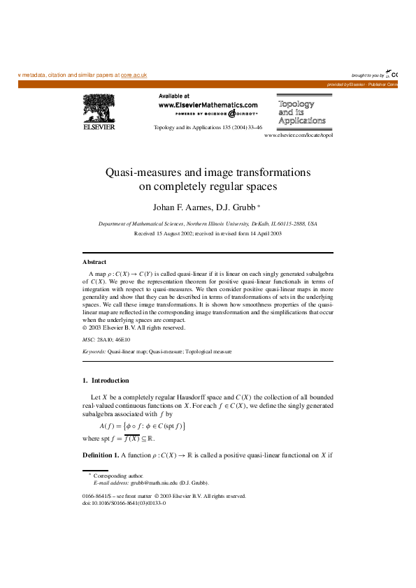 (PDF) Quasi-measures and image transformations on completely regular spaces