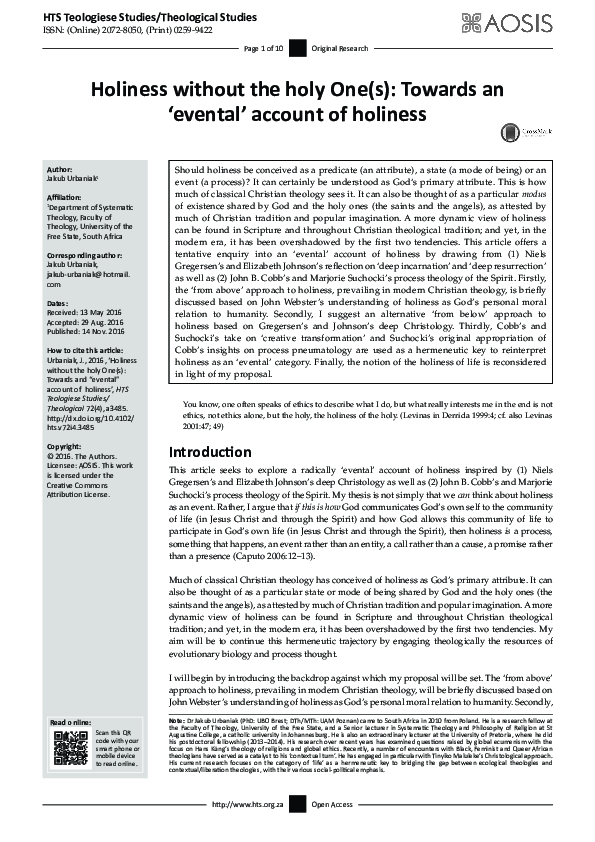 (PDF) Holiness without the holy One(s): Towards an ‘evental’ account of holiness