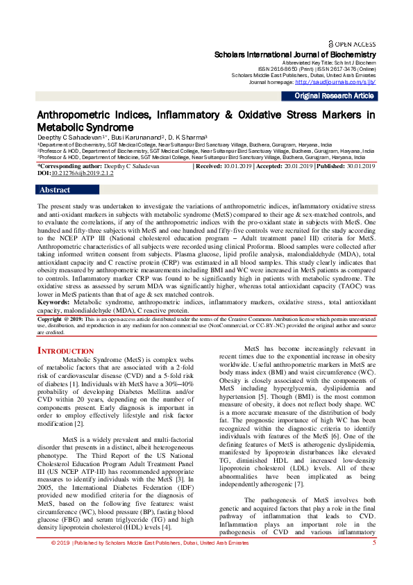 (PDF) Anthropometric Indices, Inflammatory & Oxidative Stress Markers in Metabolic Syndrome