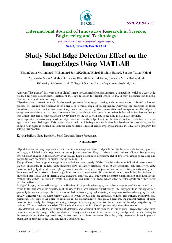 (PDF) Study Sobel Edge Detection Effect on the ImageEdges Using MATLAB