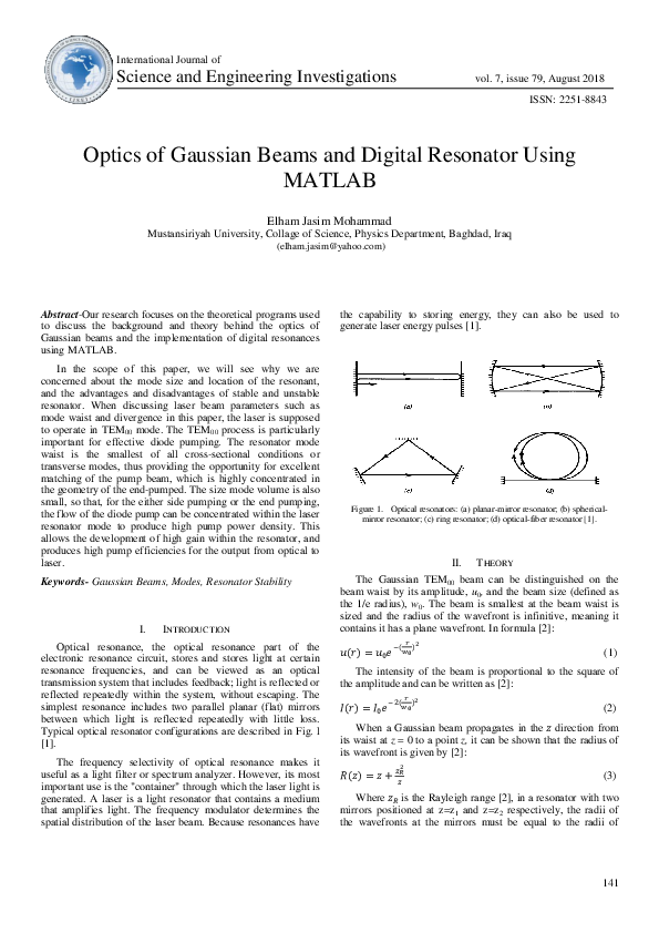 (PDF) Optics of Gaussian Beams and Digital Resonator Using MATLAB