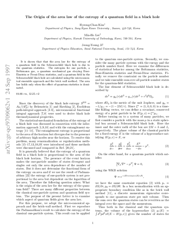(PDF) The origin of the area law of the entropy of a quantum field in a ...