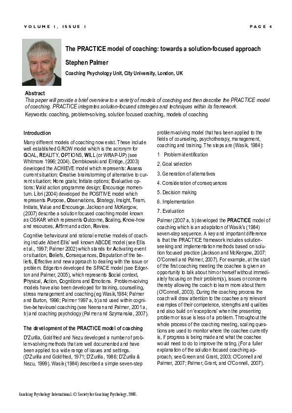 (PDF) The PRACTICE model of coaching: towards a solution-focused approach
