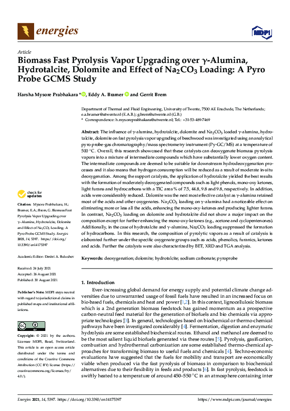 (PDF) Biomass Fast Pyrolysis Vapor Upgrading over γ-Alumina, Hydrotalcite, Dolomite and Effect ...