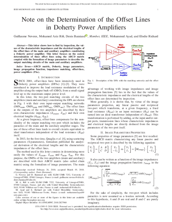 (PDF) Note on the Determination of the Offset Lines in Doherty Power Amplifiers