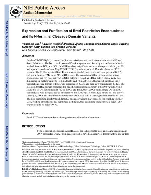 (PDF) Expression and purification of BmrI restriction endonuclease and ...