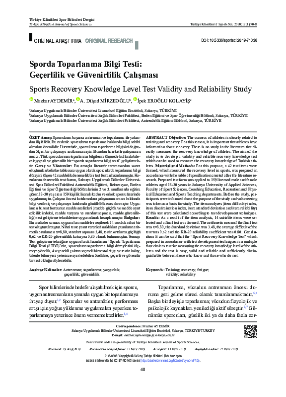 (PDF) Sports Recovery Knowledge Level Test Validity and Reliability Study