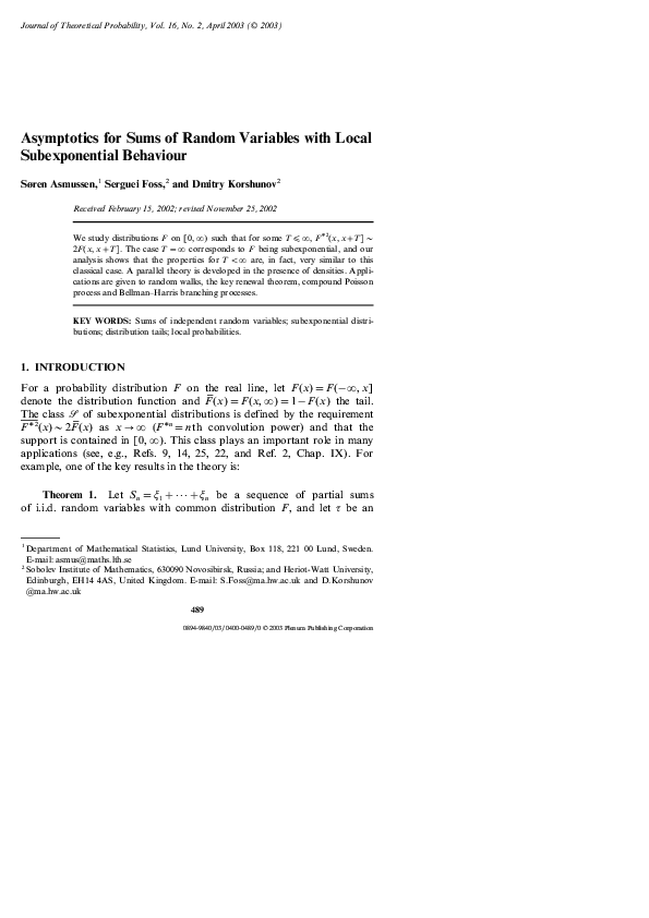 Pdf Asymptotics For Sums Of Random Variables With Local Subexponential Behaviour Sergey Foss