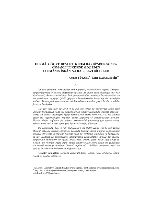 (PDF) Ulema, goc ve devlet: Kırım Harbi’nden sonra Osmanlı Ulkesine goc eden ulemanın iskanına ...