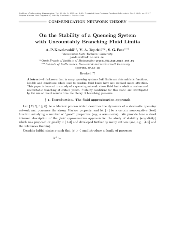 (PDF) On the Stability of a Queueing System with Uncountably Branching Fluid Limits | Sergey ...