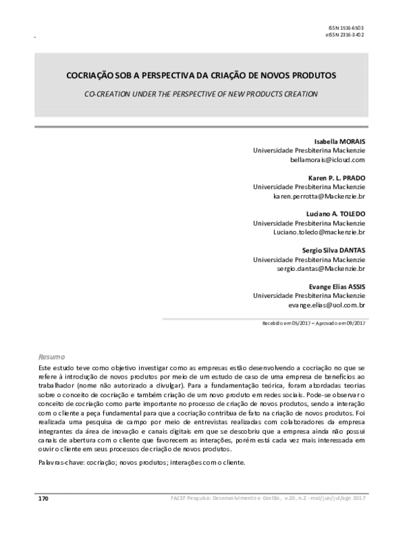 (PDF) Cocriação Sob a Perspectiva Da Criação De Novos Produtos
