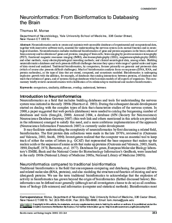 (PDF) Article Commentary: Neuroinformatics: From Bioinformatics to ...