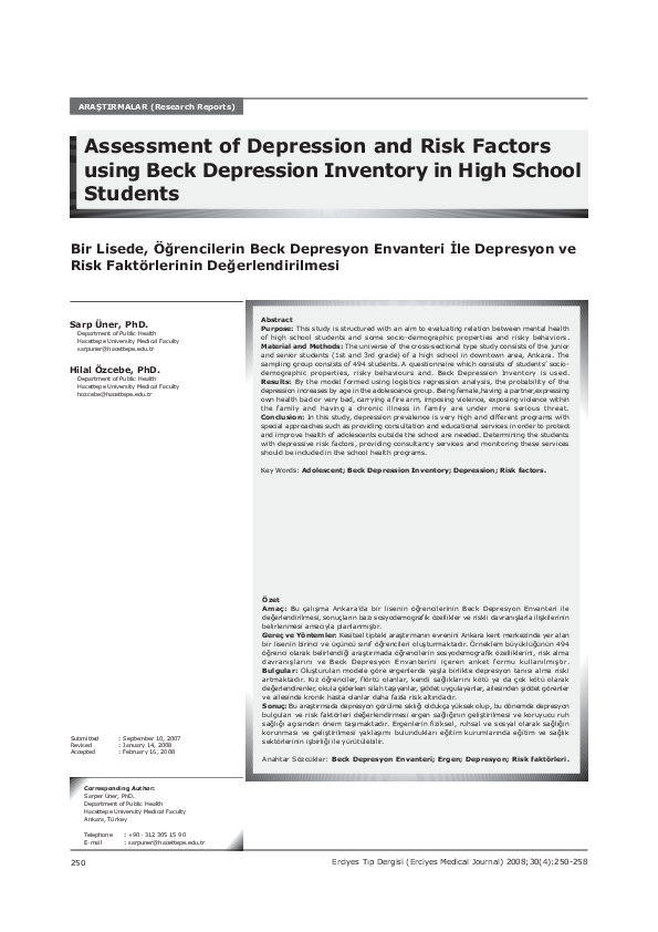 (PDF) ARAÞTIRMALAR (Research Reports) Assessment of Depression and Risk ...