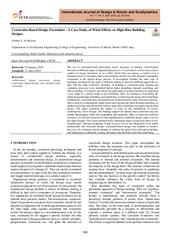 (PDF) Constraint-Based Design Formation - A Case Study of Wind Effects on High-Rise Building Designs