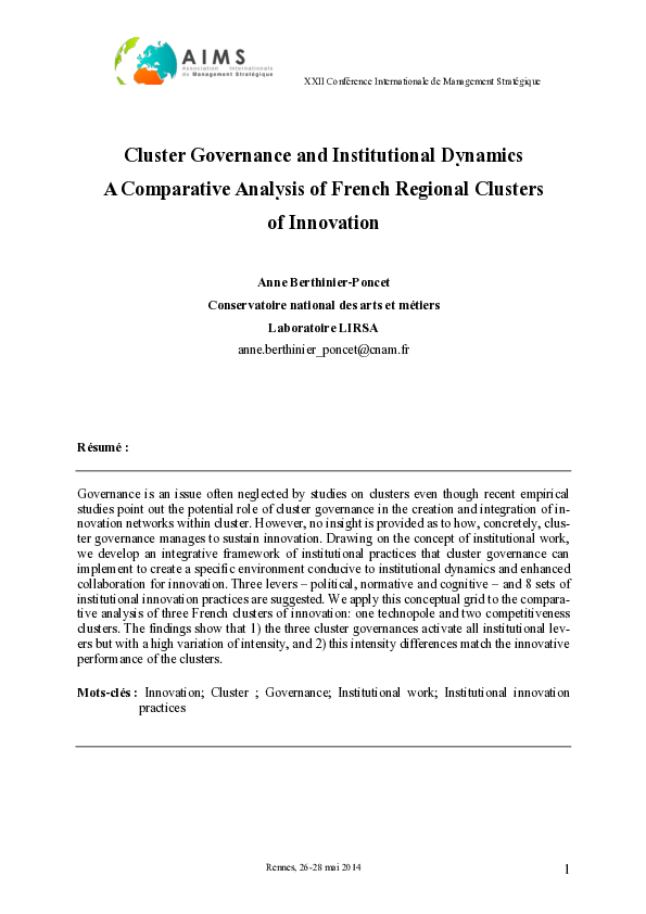 (PDF) Cluster Governance and Institutional Dynamics A Comparative ...