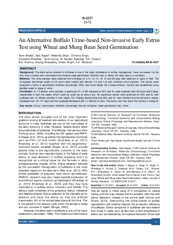 (PDF) An Alternative Buffalo Urine-based Non-invasive Early Estrus Test ...