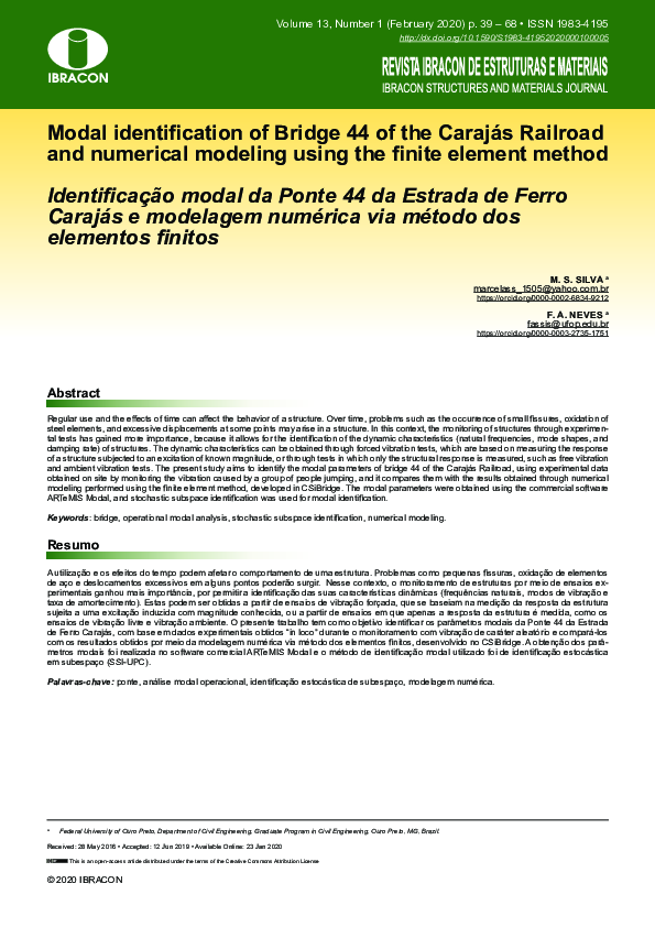 Modal identification of Bridge 44 of the Carajás Railroad and numerical modeling using the ...