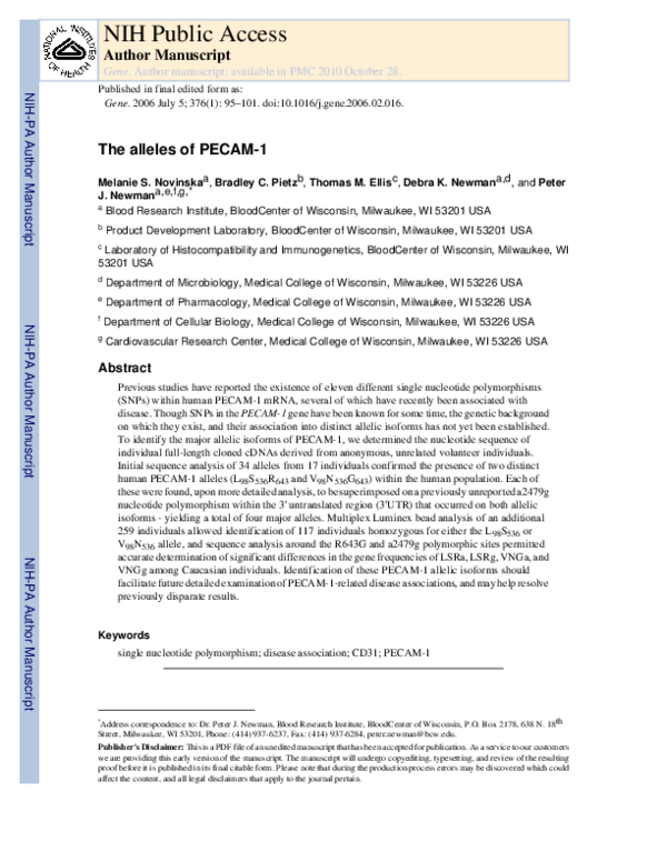 (PDF) The alleles of PECAM-1