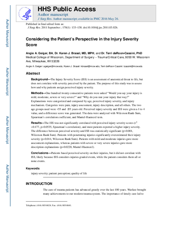 (PDF) Considering the Patient's Perspective In The Injury Severity ...