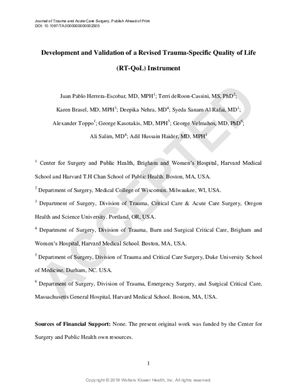 (PDF) Development and validation of a revised trauma-specific quality of life instrument