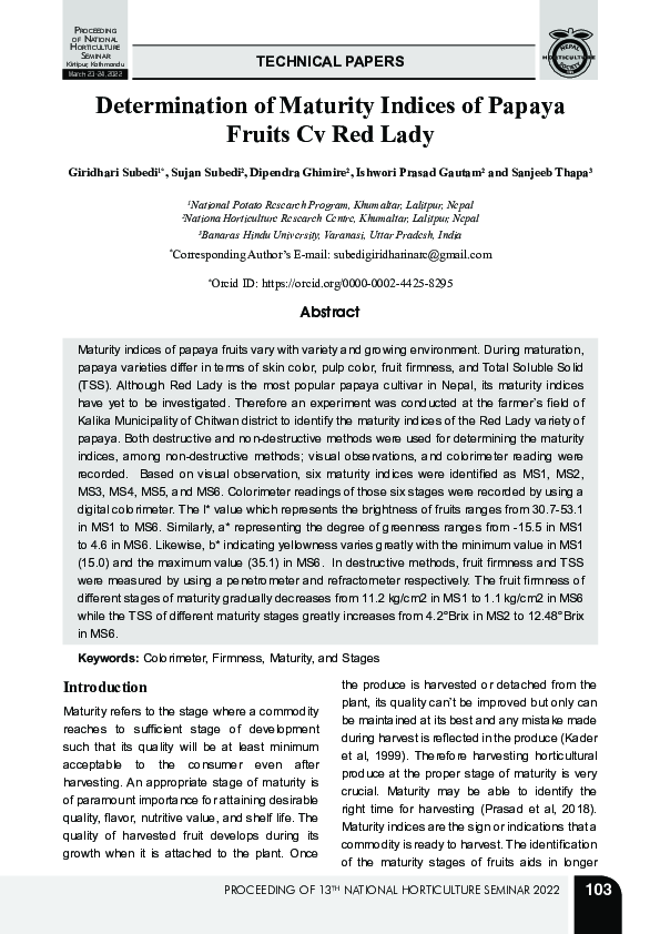 (PDF) Determination of Maturity Indices of Papaya Fruits Cv Red Lady