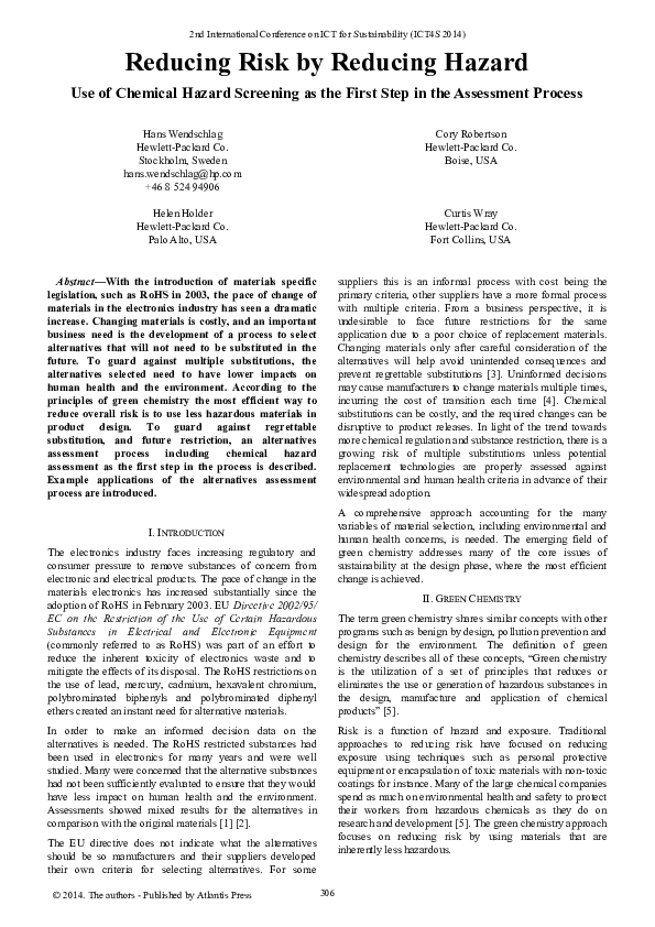 (PDF) Reducing Risk by Reducing Hazard – Use of Chemical Hazard ...